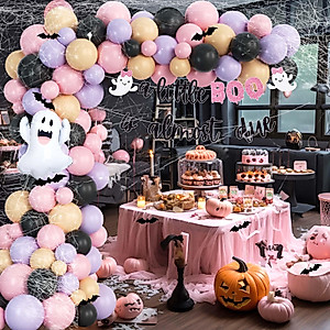 Fiesec Halloween Baby Shower Decorations for Girls Pink Purple Black Ivory, A Little Boo Is Almost Due Baby Shower Girl with Balloon Garland Arch Kit Banner Cake Cupcake Topper Ghost Bat Cutout