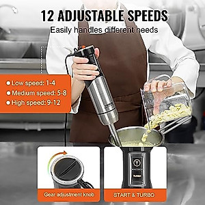 VEVOR Immersion Blender, 12-Speed Heavy Duty Immersion Blender, 800W Instantaneous PowerStainless Steel Blade Copper Motor Hand Mixer, Portable Mixer with Measuring Cup, Whisk, Milk Frother