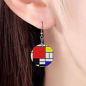 Mondrian Style Round Wooden Earrings Pendant Retro Dangle For Women Girl's