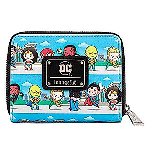 Loungefly DC Superheroes Chibi Lineup Faux Leather Zip Around Wallet, Cute Wallets Fashion Accessories, 5.5 Inches