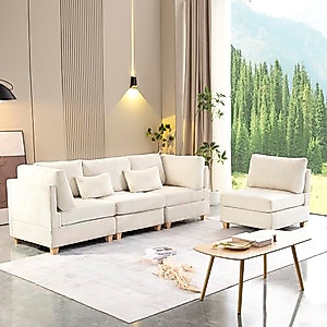 Eafurn 4 Seat Free Combination Convertible Modular Sectional Sofa with Movable Ottoman, L Shaped Corduroy Upholstered Corner Couch with Wooden Legs and Thicked Cushions for Living Room Furniture Sets