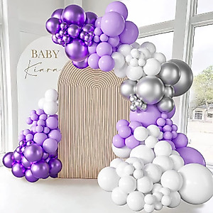 105pcs Purple Silver White Balloon Garland, Different Size Metallic Purple and Sliver Balloons Arch Kit Light Pastel Purple Birthday Balloon for Wedding Engagement Birthday Party Decorations