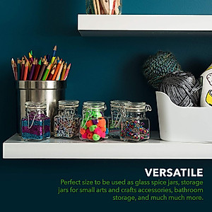 (3 oz) Small Square Glass Jars with Airtight Round Lids, Empty Spice Containers with Labels, Leak Proof Rubber Gasket and Hinged Lid, Chalkboard Label & Marker Included, For Home or Kitchen (12 Pack)