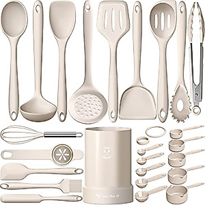 Silicone Kitchen Cooking Utensil Set, Fungun 25 Pcs Kitchen Utensils with Spatula, Spoon, Turner Tongs, Khaki Heat Resistant Kitchen Gadgets Tools Set for Nonstick Cookware (Dishwasher, BPA Free)