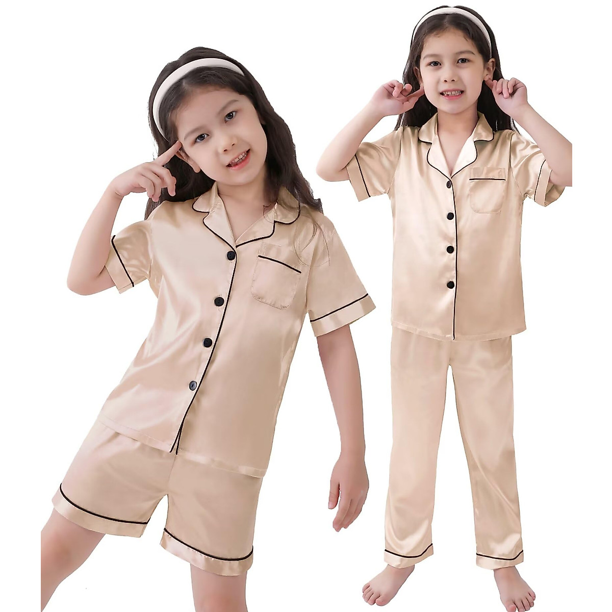 SWOMOG Kid's Silk Pajamas 3 Piece Girls Boys Satin Pajamas Set Button-Down PJs Sets Soft Lounge Sets Short Sleeve Sleepwear Champagne