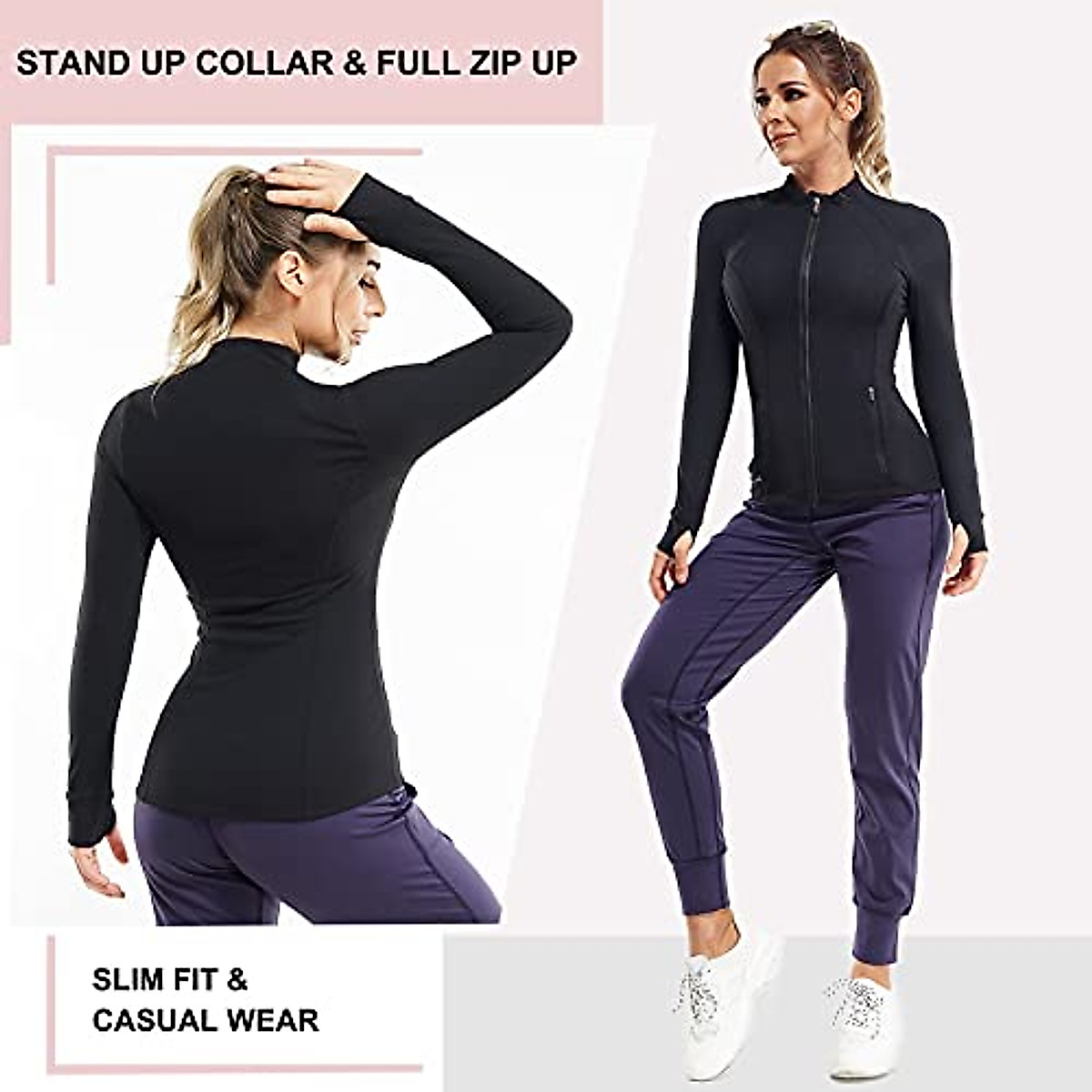 TrainingGirl Women's Sports Jacket Full Zip Workout Running Jacket Slim Fit Long Sleeve Yoga Track Jacket with Thumb Holes (Black, XX-Large, xx_l)