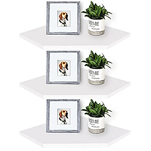 POCURBAN 12" Floating Corner Shelves Set of 3,Wall Mounted Storage Shelf with White Painted Finish for Small Plant, Photo Frame, Toys TV Accessories, Speaker, Cable Box, Game Console and More