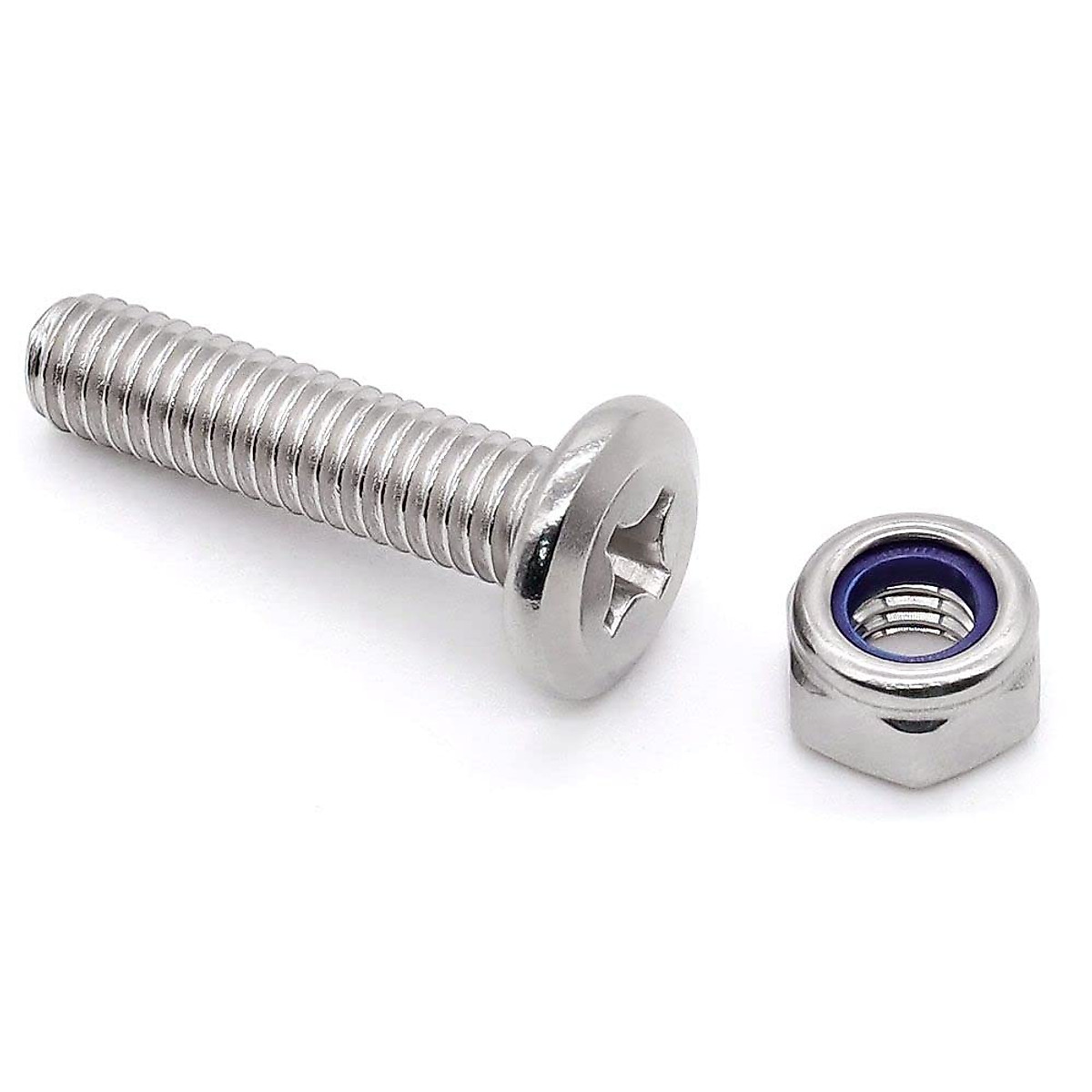 Glvaner (20 sets) M6-1.0 x 10mm Stainless Steel (304) Flat Round Head Machine Screws and M6-1.0 Hex Locknuts with Blue Nylon Insert Furniture Table Shelf Screw Hardware Assortment