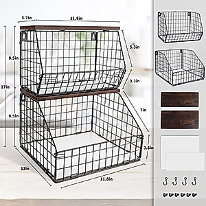 Mefirt Fruit Basket, Enlarged 2-Tier Kitchen Organization Wire Basket with Wood Lid, Stackable Wall-mounted & Countertop Tiered Storage Baskets for Potato Storage, Onion Storage, Snack Onganizer etc