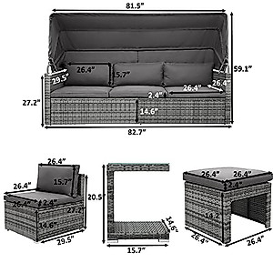 EMKK 5 Pieces Outdoor Patio Sofa Set Rattan Daybed,Sectional PE Wicker Conversation Furniture w/Canopy and Tempered Glass Side Table, C-Gray