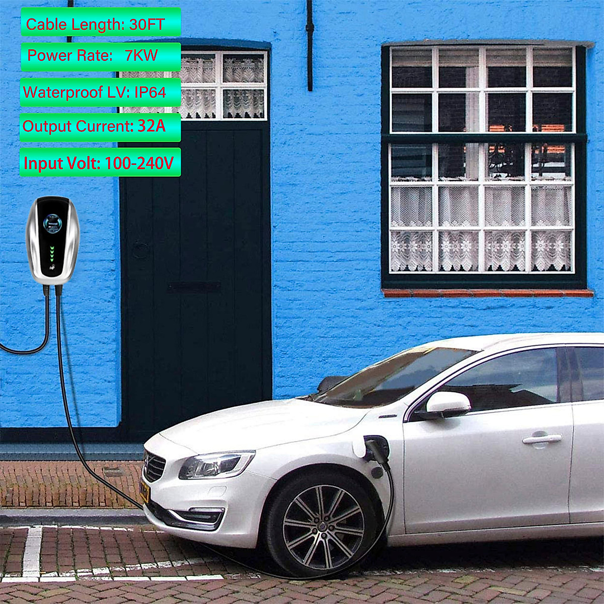 7KW 32Amps Level 2 EV Charger Station with 30TF Cable NEMA 14-50, 220-240V Input J1772 Plug Swipe Card Charging for Most Evs
