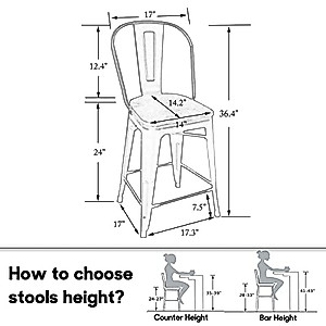 HAOBO Home Metal Bar Stools Modern Industrial Counter Height Stools Dining Chairs (24", High Back White Wooden Seat)[Set of 4]