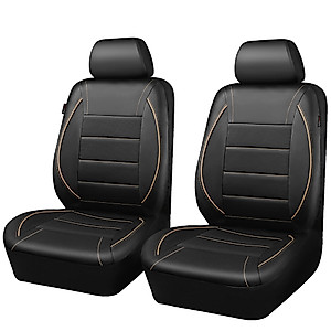 CAR PASS Universal FIT Piping Leather Two Front Seat Covers, Waterproof Faux Leather for SUV Sedan Van Truck, Airbag Compatible,Reserved Opening Holes for Headrest Covers. (Black and Beige)