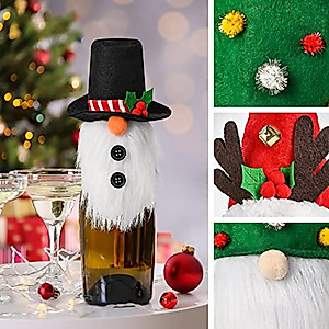 Mocoosy 3PCS Gnome Christmas Wine Bottle Cover Toppers, Christams Tree Snowman Reindeer Santa Hat for Wine Bottle Christmas Table Decorations, Decorative Felt Bottle Gift Bags Xmas Holiday Home Decor