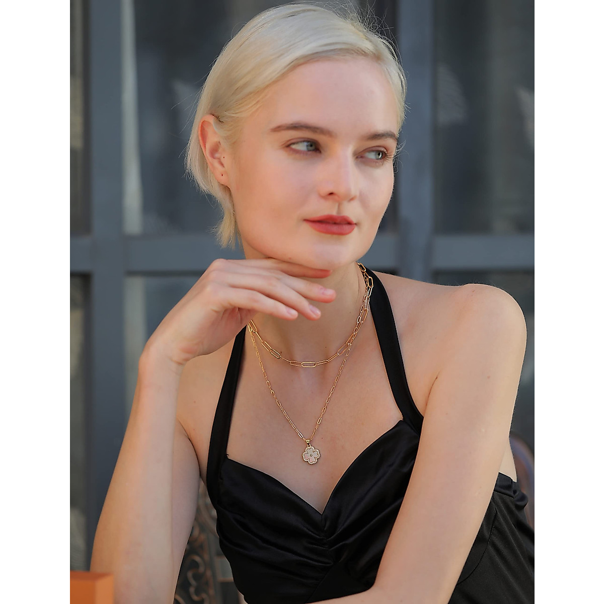 ITS4YEO Four Leaf Clover Pendant Necklace Double Layer Chain 14K Gold Plated Birthday Valentine's day Jewelry Gift for Women Wife