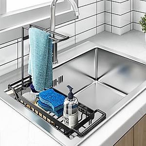 Sink Caddy Sponge Holder Telescopic Kitchen Sink Organizer, Expandable 16.7" to 21" Over The Kitchen Sink Accessories with Dishcloth Towel Holder for Rag Brush Soap Dishwashing Liquid