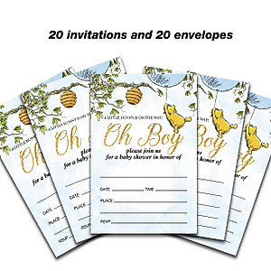 Dolimifa Blue Oh Boy a Little Hunny is on His Way Baby Shower Invitations Fill in Style Classic Winnie the Pooh Bear Baby Shower Invites, 20 Count With Envelopes