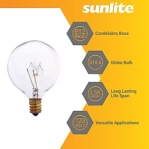 Sunlite G16.5 Incandescent Clear Globe Light Bulb, 15 Watts, 105 Lumens, 120 Volts, Candelabra E12 Screw Base, Title-20 Compliant, 2600K Warm White, 12 Pack