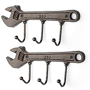 Antique Key Holders, Wrench Triple Wall Hooks, Decorative Vintage Coat Hat Hooks Rack Hangers, Heavy Duty Cast Iron Retro Storage Organizer with Rustic Hooks, Brown, 2 Pack