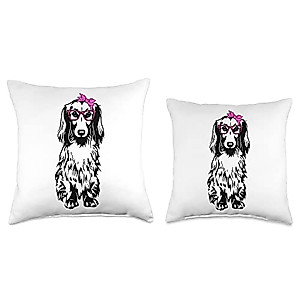Longhaired Dachshund Mom Dog messy bun tee Longhaired Dachshund Dog with Bandana Glasses Throw Pillow, 16x16, Multicolor