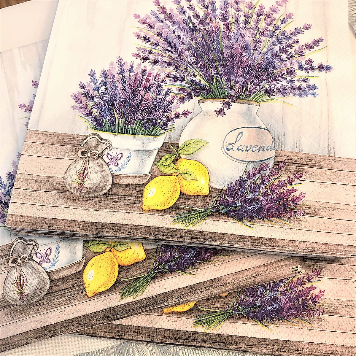 20-ct 13x13 Lavender Floral Napkins Decorative Napkins Mother's Day Napkins Disposable Floral Paper Napkins for Decoupage Floral Cocktail Lunch Dinner Napkins Paper Rustic Lavender Napkins in Pots