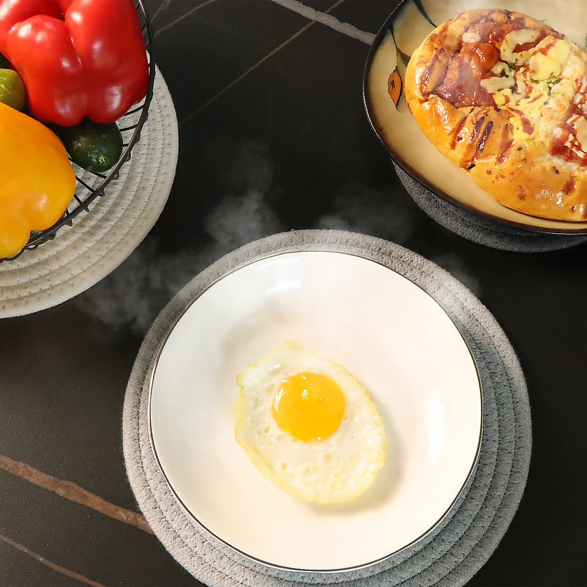 Coomin Trivets for Hot Dishes and Pans, 4Pcs Heat Resistant Pot Holders for Kitchen, 9.5 inch and 7 inch Handmade Woven Potholders, Cotton Pad Mats for Quartz Countertops and Table, Home Decor