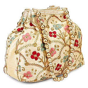 Indian Ethnic Designer Embroidered Silk Potli Bag Batwa Pearls Handle Purse (Golden nd Purple)