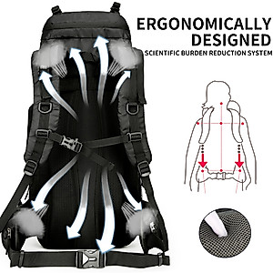 King'sGuard 60L Hiking Backpack Men Women Camping Backpack Waterproof Backpacking Mountaineering Climbing Daypack with Rain Cover (Black)