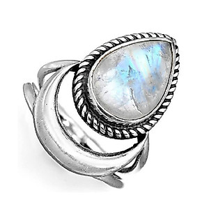 Awmnjtmgpw 925 Sterling Silver Rainbow Moonstone Moon Women's Retro Ring Creative Tear Shaped Water Drop Crescent Punk Ring Size 6-10 (Size 9)