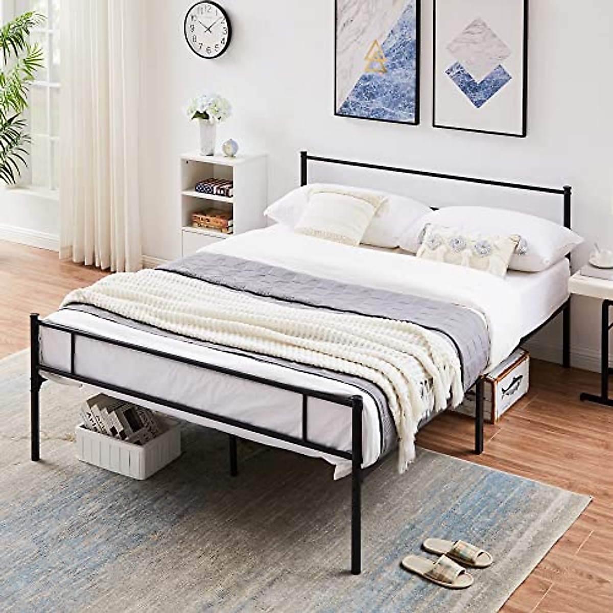 VECELO Metal Platform Bed Frame Queen Size with Headboard and Footboard, 12'' Under-Bed Storage & Strong Slats Support, No Box Spring Needed