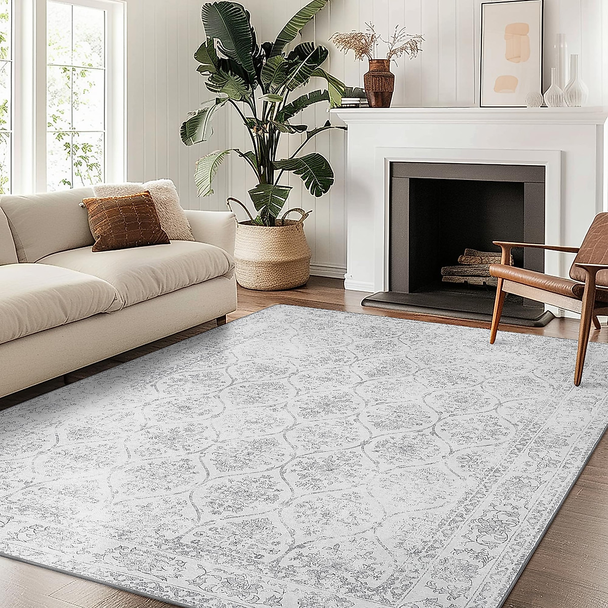 BEIMO Area Rugs 3X5 for Living Room Bedroom, Machine Washable Rug Vintage Floral Print Indoor Floor Cover，Lightweight Non Slip Backing Thin Rug with Gripper, Distressed Cream/Gray