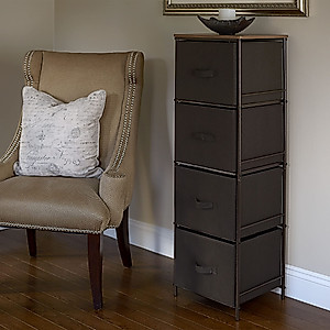 Household Essentials 2-Tier Storage Chest of Drawers Bronze Frame Wood Grain Top and 4 Brown Storage Bins with Natural Jute Trim