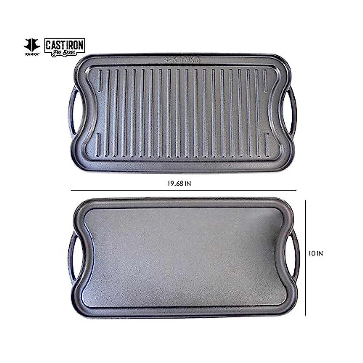 KANKA Cast Iron Griddle - 19.7in X 10.23in, Pre-seasoned, Rectangular, Reversible, Doublesided, Black, Includes Stainless Steel Chain Cleaner