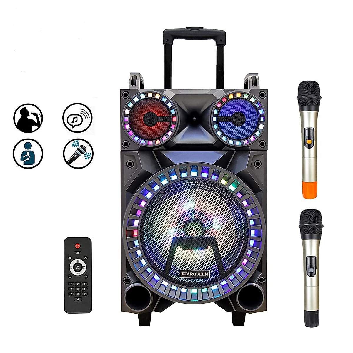 Starqueen Karaoke Machine Portable Karaoke Speaker for Adults and Kids 12” Woofer Rechargeable PA System with 2 Wireless Micorphone/Remote/Wheels/DJ Lights, Karaoke Party Amplifier Sound System