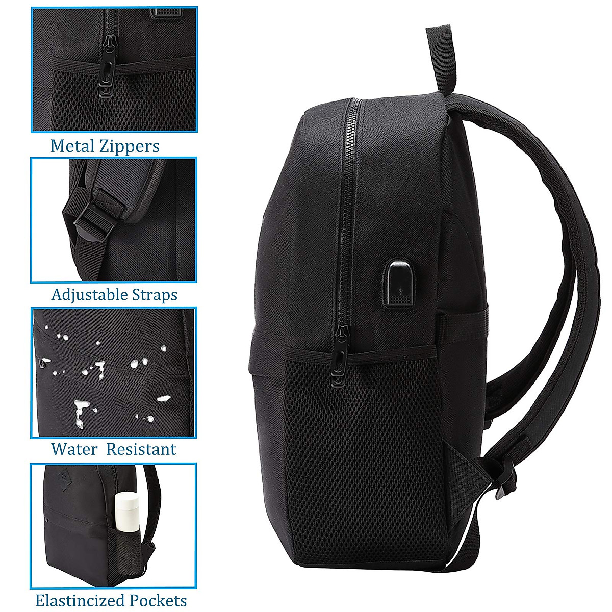 Laptop School Backpack for Teens Girls Boys Travel Waterproof Work Backpacks Notebook College BookBag with USB Charging Port 15.6 Inch Stylish Black Casual Daypack for Women Men, Medium