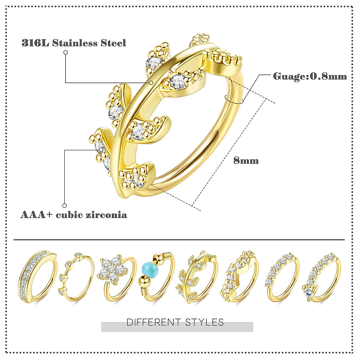 Drperfect 8 Pcs 20G Nose Ring Hoop for Women Stainless Steel Paved CZ Cartilage Earrings Nose Piercing Hoop 8mm