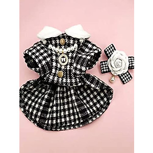 QWINEE 3pcs Dog Dress & Flower Bow & Necklace Set Geometric Princess Dress with Flower Bow Deco Puppy Skirt with Pearls Jewelry Necklace for Small Medium Cats Dogs Kitten Black and White XS