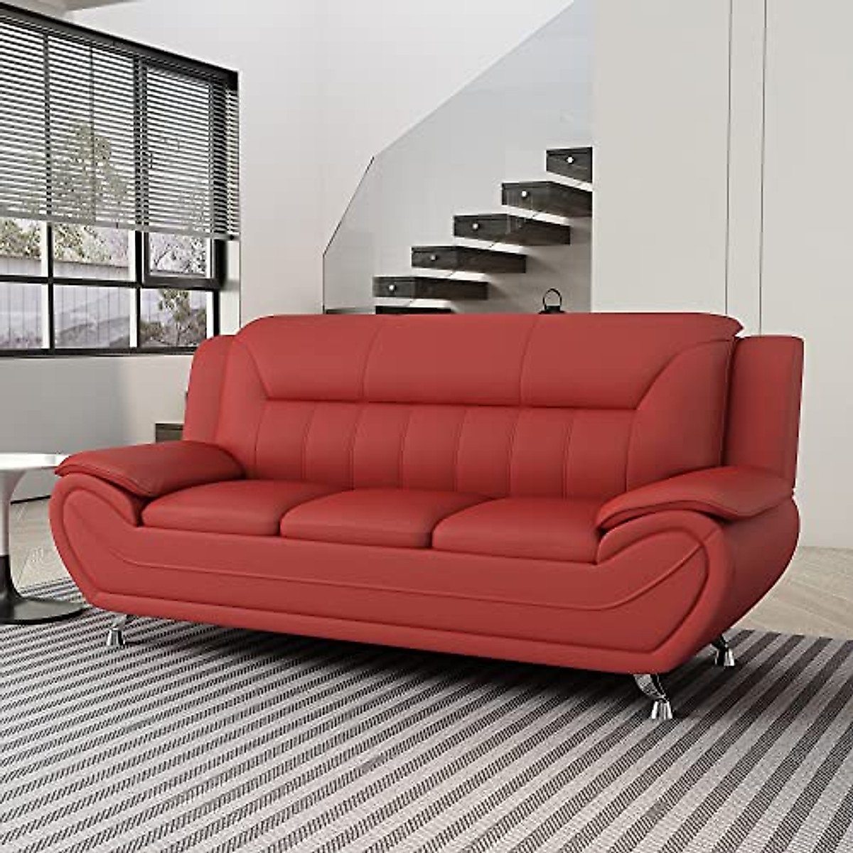 Container Furniture Direct Michael Modern Faux Leather Upholstered Stainless Steel Legs Living Room, Sofa, Persian Red