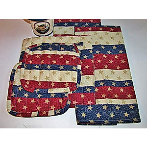 Stars & Stripes Patriotic Kitchen Linens Set (5 Pieces Total) 2 Tea Towels 2 Pot Holders 1 Hotpad Made In USA Patriotic Red Off-White Blue Stars Glitter 100% Cotton Custom Made-To-Order