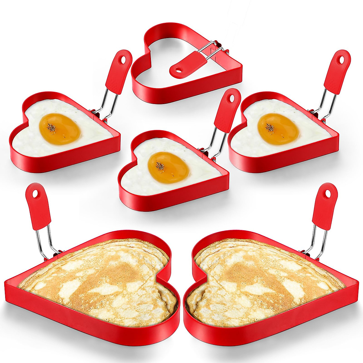 Patelai 6 Pcs Nonstick Pancake Ring 6'' and 4'' Stainless Red Heart Egg Rings Set Heart Shaped Pancake Mold Egg Rings with Red Silicone Handle for Breakfast Love Omelette Sandwich