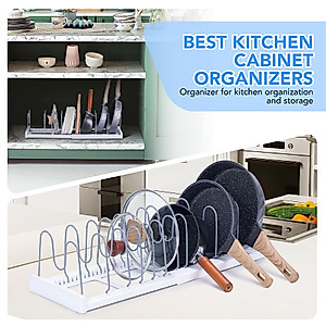 LALOBLUE Expandable Pot and Pan Organizer Rack for Cabinet, Pan and Pot Lid Holders with 10 Adjustable Dividers for Kitchen Cabinet Organization and Storage, Cookware Organizer, 12.9"-24.7", White