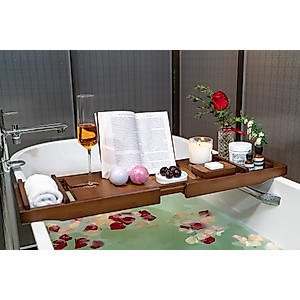 Headley Tools Bathtub Tray, Expandable Bath Tray with Wine and Book Holder - Bathtub Caddy for Luxury Bath, Adjustable Bath Tray for Tub-Great Gift for Women/Men (Brown Color)