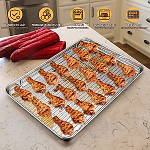 E-far Cookie Sheet with Rack Set, Half Sheet Baking Pan for Oven Cooking, 18”x13” Stainless Steel Rimmed Tray with Wire Cooling Rack for Roasting Broiling Bacon Meat Steak - Dishwasher Safe