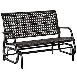 Outsunny 2-Person Outdoor Wicker Glider Bench, Patio Garden PE Rattan Swing Loveseat Chair with Extra Wide Seat and Curved Backrest for Porch, Backyard, Poolside, or Lawn, Dark Grey