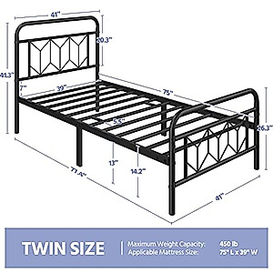 Yaheetech Metal Platform Bed Frame Mattress Foundation with Diamond Pattern Headboard/Footboard/Heavy Duty Steel Slat Support/Under Bed Storage/No Box Spring Needed/Twin Size Black