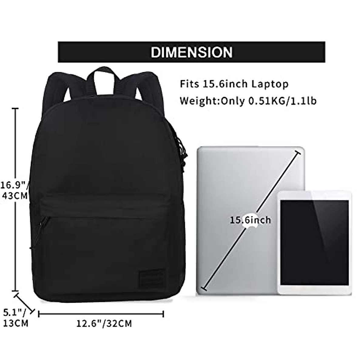 SUPACOOL Lightweight Casual Laptop Backpack with USB Charging Port and Set of 8 Black Travel Mesh Organizer Bags
