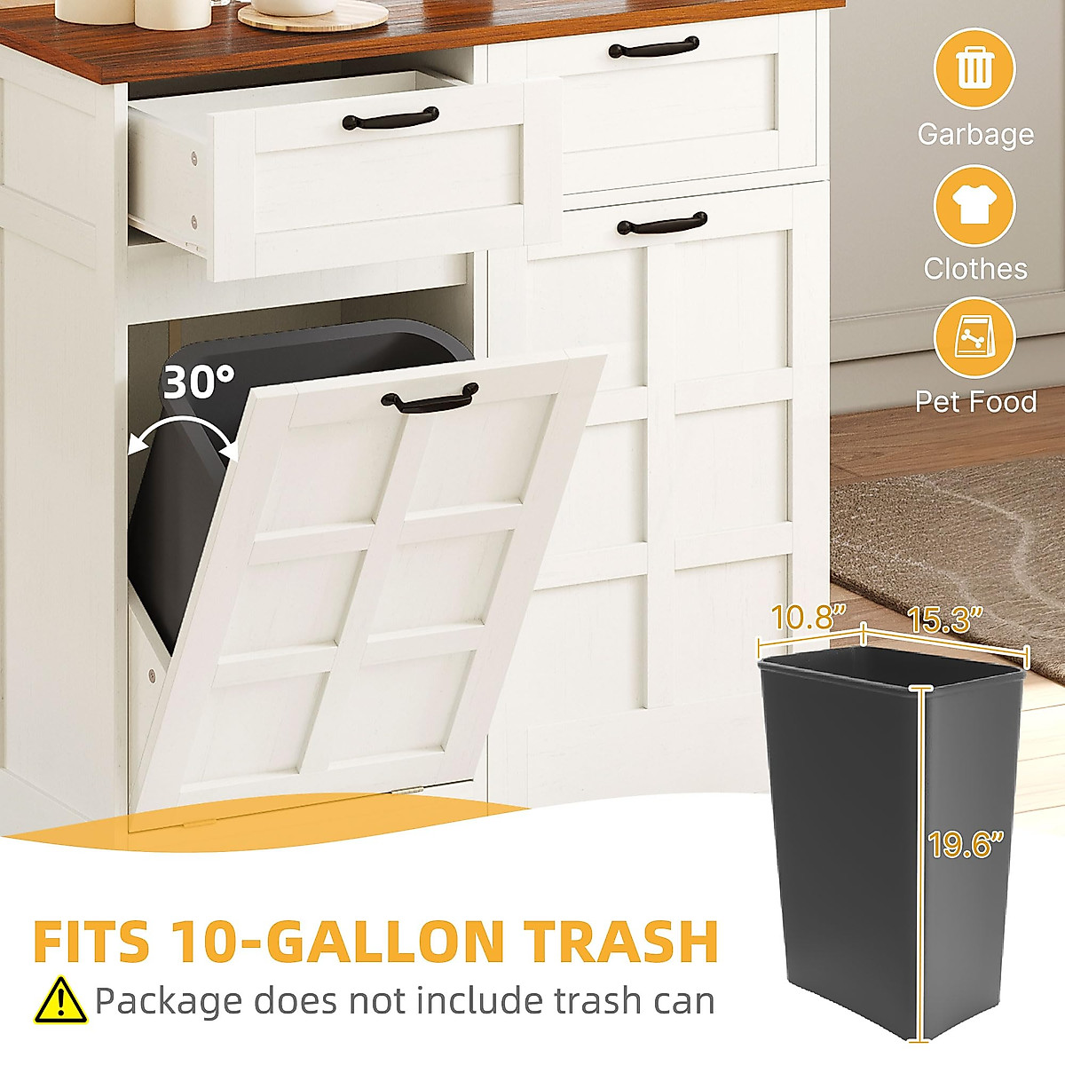 DWVO Trash Can Cabinet with Drawers, Pull Out Trash Can, Hidden Trash Can Cabinet, Garbage Bin Cabinet, Kitchen Island with Trash Can Storage, Ultimate Storage Solutions, White Oak