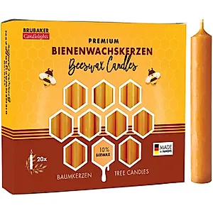 BRUBAKER 10% Beeswax Tree Candles - Pack of 20 - Honey Colored - 3¾ x ½ Inch (9.5 x 1.27cm) - Made in Europe - Pyramids, Carousels & Chimes