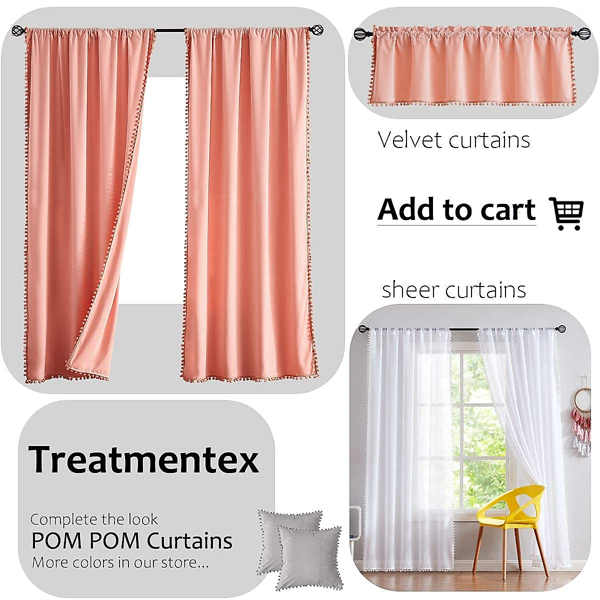 Treatmentex Grey Sheer Window Curtains for Living Room 95 inches Pom-Pom Canopy for Children Bedroom Rod Pocket 2Pack