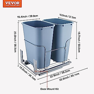 VEVOR Pull-Out Trash Can, 37Qt Double Bins, Under Mount Kitchen Waste Container with Soft-Close Slides, 44 lbs Load Capacity & Door-Mounted Brackets, Garbage Recycling Bin for Kitchen Cabinet, Grey